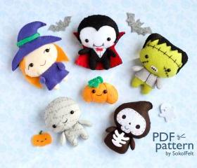 Easy To Make Halloween Toys Sewing Pdf Pattern, Felt Vampire, Death, Mummy, Witch, Frankenstein ...
